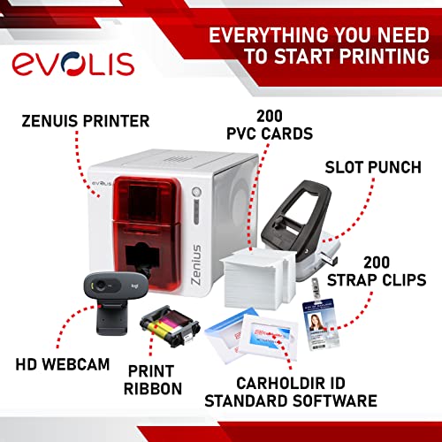 Cardholdir ID Evolis Zenius ID Card Printer Single Sided with HD Webcam, 200 Blank ID Cards, 200 Strap Clips & Color Ribbon | Employee Badge Maker