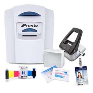 cardholdir id magicard pronto id card printer | with beginner software, 100 blank id cards, slot punch, 100 strap clips, & 1 color ribbon | single sided id card printer