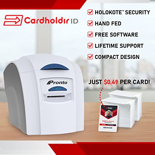 Cardholdir ID Magicard Pronto ID Card Printer | with Beginner Software, 100 Blank ID Cards, Slot Punch, 100 Strap Clips, & 1 Color Ribbon | Single Sided ID Card Printer