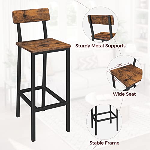 MAHANCRIS Bar Chairs, Set of 2 Bar Stools with Backrest, Kitchen Bar Stools with Footrest, Tall Counter Bar Stools, Easy Assembly, for Dining Room, Bar, Rustic Brown and Black BAHR03101