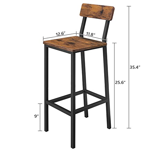 MAHANCRIS Bar Chairs, Set of 2 Bar Stools with Backrest, Kitchen Bar Stools with Footrest, Tall Counter Bar Stools, Easy Assembly, for Dining Room, Bar, Rustic Brown and Black BAHR03101