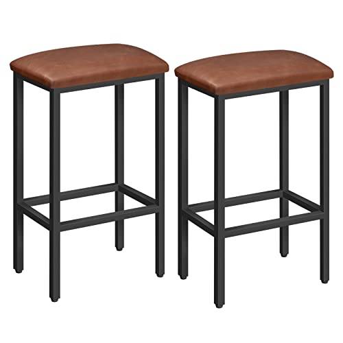 MAHANCRIS Bar Stools Set of 2, PU Upholstered Bar Stools, 26.8-Inches Kitchen Bar Stools with Footrest, for Kitchen, Living Room, Bar, Adjustable Feet, Easy Assembly, Brown and Black BAHZ01R01