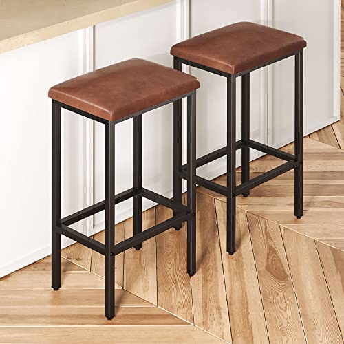 MAHANCRIS Bar Stools Set of 2, PU Upholstered Bar Stools, 26.8-Inches Kitchen Bar Stools with Footrest, for Kitchen, Living Room, Bar, Adjustable Feet, Easy Assembly, Brown and Black BAHZ01R01