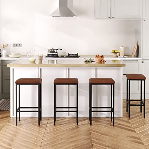 MAHANCRIS Bar Stools Set of 2, PU Upholstered Bar Stools, 26.8-Inches Kitchen Bar Stools with Footrest, for Kitchen, Living Room, Bar, Adjustable Feet, Easy Assembly, Brown and Black BAHZ01R01