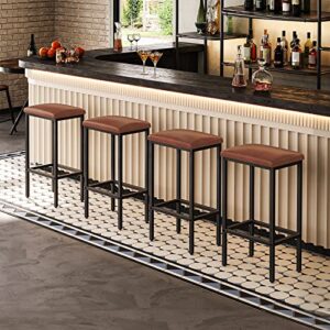 MAHANCRIS Bar Stools Set of 2, PU Upholstered Bar Stools, 26.8-Inches Kitchen Bar Stools with Footrest, for Kitchen, Living Room, Bar, Adjustable Feet, Easy Assembly, Brown and Black BAHZ01R01