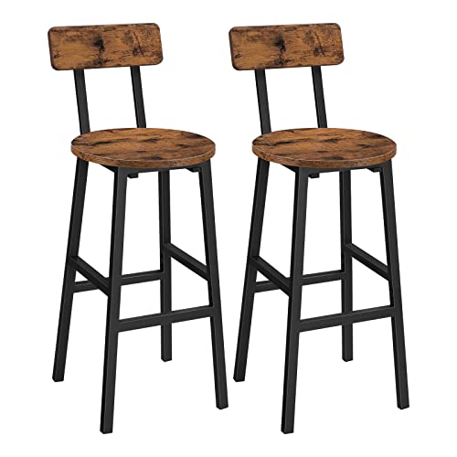 MAHANCRIS Bar Stools, Set of 2 Round Bar Chairs, 24.4 Inches Bar Stools with Back, Breakfast Bar Chairs with Footrest, Counter Bar Stools, for Dining Room, Kitchen, Bar, Rustic Brown BAHR02101