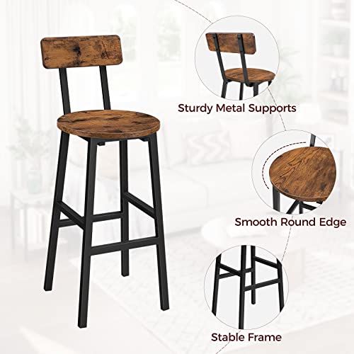 MAHANCRIS Bar Stools, Set of 2 Round Bar Chairs, 24.4 Inches Bar Stools with Back, Breakfast Bar Chairs with Footrest, Counter Bar Stools, for Dining Room, Kitchen, Bar, Rustic Brown BAHR02101