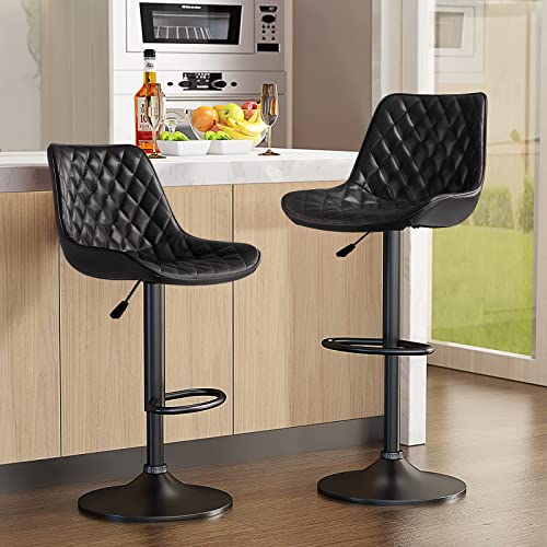 Waleaf Bar Stools Set of 2,Counter Heigh Faux Leather Adjustable Bar Stools with Back,Modern Swivel Armless Bar Chair for Kitchen Island,Dining Stools with 350 LBS Capacity. (Black)