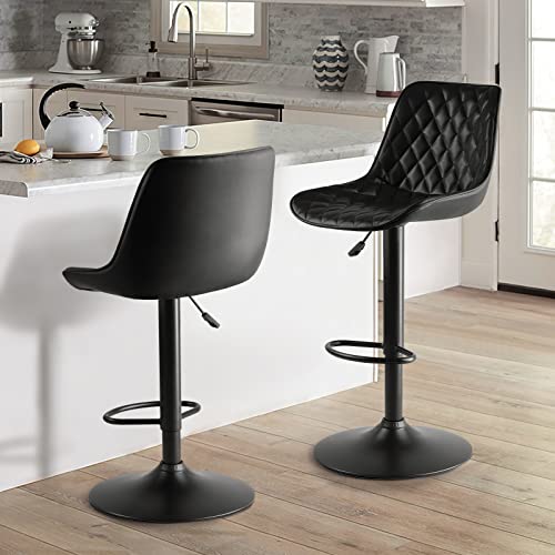 Waleaf Bar Stools Set of 2,Counter Heigh Faux Leather Adjustable Bar Stools with Back,Modern Swivel Armless Bar Chair for Kitchen Island,Dining Stools with 350 LBS Capacity. (Black)