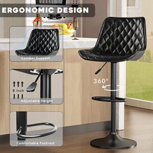 Waleaf Bar Stools Set of 2,Counter Heigh Faux Leather Adjustable Bar Stools with Back,Modern Swivel Armless Bar Chair for Kitchen Island,Dining Stools with 350 LBS Capacity. (Black)