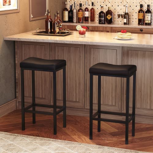 HOOBRO Bar Stools, Set of 2 Bar Chairs, Counter Height Stools, Saddle Stools with Curved Surface, Kitchen Stools, 24.8 Inches, 2.4" Thick Upholstery, for Kitchen, Dining Room, Cafe, Black BB10BY01