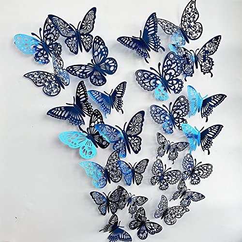 72Pcs Gold Silver Butterfly Wall Sticker Decal 3D Metallic Art Butterfly Mural Decoration DIY Flying Stickers for Kids Bedroom Home Party Nursery Classroom Offices Décor (Blue 1)