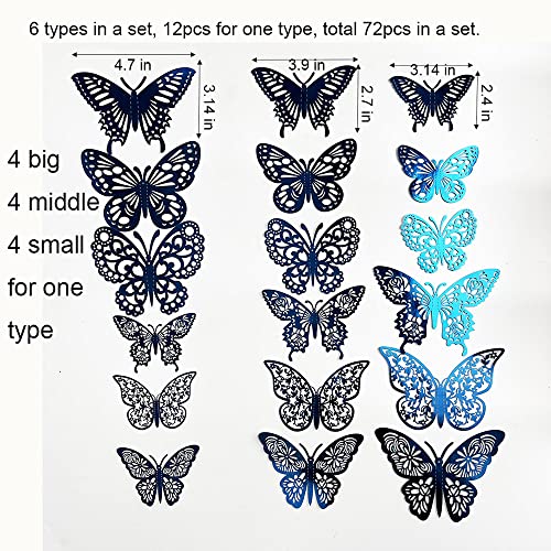 72Pcs Gold Silver Butterfly Wall Sticker Decal 3D Metallic Art Butterfly Mural Decoration DIY Flying Stickers for Kids Bedroom Home Party Nursery Classroom Offices Décor (Blue 1)