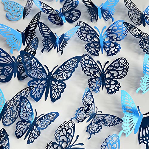 72Pcs Gold Silver Butterfly Wall Sticker Decal 3D Metallic Art Butterfly Mural Decoration DIY Flying Stickers for Kids Bedroom Home Party Nursery Classroom Offices Décor (Blue 1)