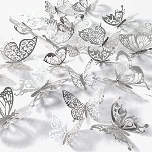 ewong 3d butterfly decoration 60pcs wall decal, birthday cake party decor 5 style sticker art craft, kid nursery classroom wedding baby shower girl bedroom home room office gift decorative (silver)