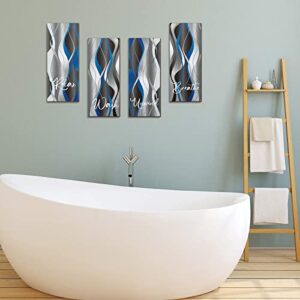 Qunclay Set of 4 Blue and Black Striped Bathroom Wall Art Grey and White Relax Soak Unwind Breathe Wall Art Farmhouse Rustic Wood Bathroom Wall Decor Hanging Modern Wooden Printed Sign, 11 x 4 Inch