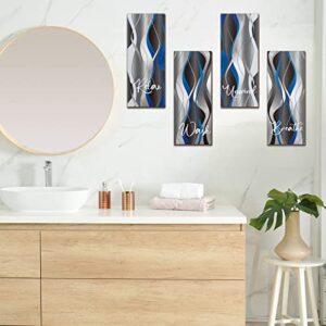 Qunclay Set of 4 Blue and Black Striped Bathroom Wall Art Grey and White Relax Soak Unwind Breathe Wall Art Farmhouse Rustic Wood Bathroom Wall Decor Hanging Modern Wooden Printed Sign, 11 x 4 Inch