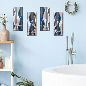 Qunclay Set of 4 Blue and Black Striped Bathroom Wall Art Grey and White Relax Soak Unwind Breathe Wall Art Farmhouse Rustic Wood Bathroom Wall Decor Hanging Modern Wooden Printed Sign, 11 x 4 Inch