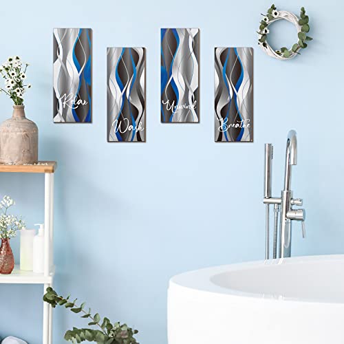 Qunclay Set of 4 Blue and Black Striped Bathroom Wall Art Grey and White Relax Soak Unwind Breathe Wall Art Farmhouse Rustic Wood Bathroom Wall Decor Hanging Modern Wooden Printed Sign, 11 x 4 Inch