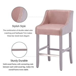 Pink Bar Stools Set of 2, 28 Inch Modern Bar Height Stools with Back and Nailhead Trim, Upholstered Farmhouse Bar Stool Bar Chairs for Kitchen Island, Home Bar Pub, Pink and Gray