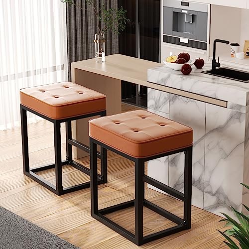 Nalupatio 24" Bar Stools Set of 2 Modern Counter Height Pu Leather Metal Backless for Kitchen Dining Cafe Stool with Footrest (Brown)