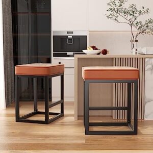 Nalupatio 24" Bar Stools Set of 2 Modern Counter Height Pu Leather Metal Backless for Kitchen Dining Cafe Stool with Footrest (Brown)