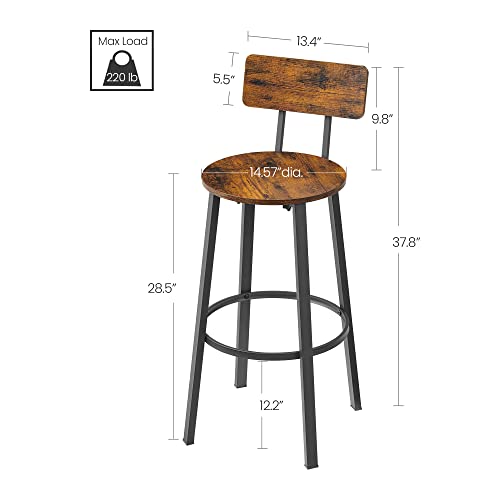 HILINSIE Bar Stools - Set of 2 Bar Chairs, Industrial Counter Stools with Backrest and Footrest, Steel Frame, 28.5 Inches Tall Seat for Kitchen, Dining Room, Bistro, Rustic Brown and Black