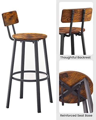 HILINSIE Bar Stools - Set of 2 Bar Chairs, Industrial Counter Stools with Backrest and Footrest, Steel Frame, 28.5 Inches Tall Seat for Kitchen, Dining Room, Bistro, Rustic Brown and Black