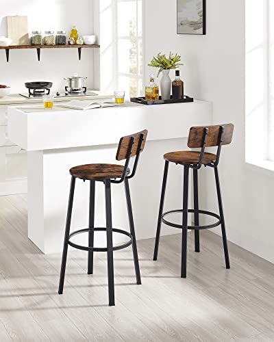 HILINSIE Bar Stools - Set of 2 Bar Chairs, Industrial Counter Stools with Backrest and Footrest, Steel Frame, 28.5 Inches Tall Seat for Kitchen, Dining Room, Bistro, Rustic Brown and Black