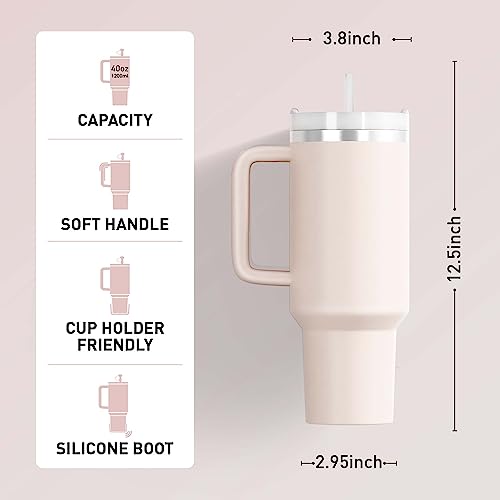 KISSKIND Tumbler With Handle 40 oz Travel Mug Straw Covers Cup with Lid Insulated Quencher Stainless Steel Water Iced Tea Coffee Gift ROSE