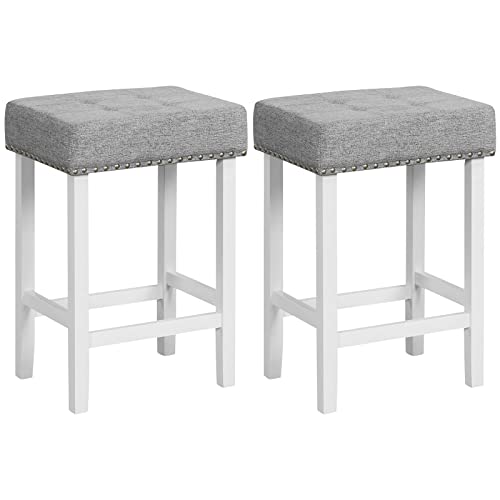 Giantex Bar Stools Set of 2, 24.5" Counter Height Backless Barstools with Nailhead Linen Foam Seat, Foot Rest, Max Load 330 Lbs Rubber Wood Bar Stools for Kitchen Island Pub