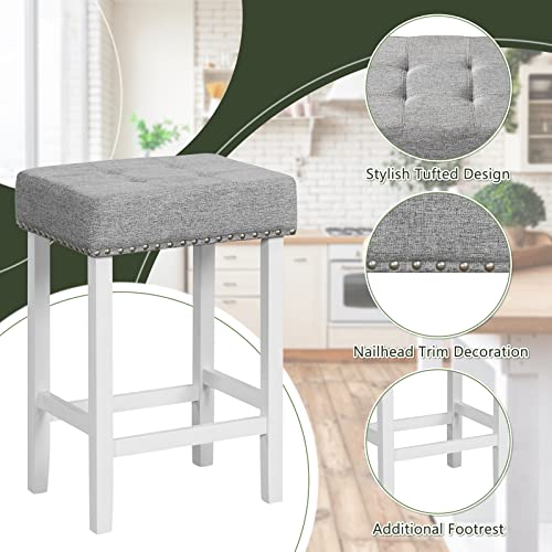 Giantex Bar Stools Set of 2, 24.5" Counter Height Backless Barstools with Nailhead Linen Foam Seat, Foot Rest, Max Load 330 Lbs Rubber Wood Bar Stools for Kitchen Island Pub