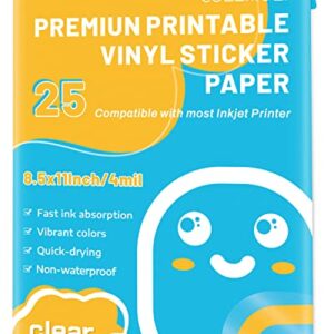 Sticker Paper Clear Printable Vinyl for Inkjet Printer-25 Transparent Dry-Quick Sheets of 8.5’’x11’’ Decals and Labels Self-Adhesive Non-Waterproof Papers Tear Resistance Bright Color for DIY