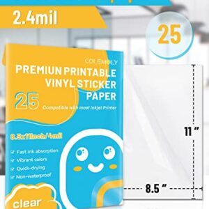 Sticker Paper Clear Printable Vinyl for Inkjet Printer-25 Transparent Dry-Quick Sheets of 8.5’’x11’’ Decals and Labels Self-Adhesive Non-Waterproof Papers Tear Resistance Bright Color for DIY