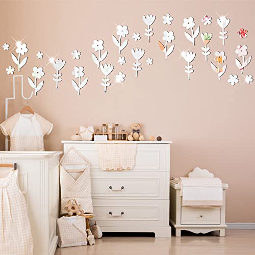 3D Flower Mirror Wall Sticker Floral Wall Stickers for Girls Bedroom Removable Silver Acrylic Mirror Wall Stickers Peel and Stick Wall Decals Art Mural for Living Room Bathroom Classroom Decor