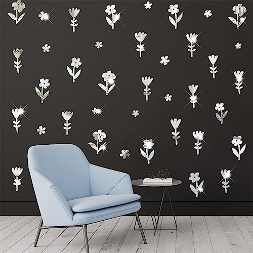 3D Flower Mirror Wall Sticker Floral Wall Stickers for Girls Bedroom Removable Silver Acrylic Mirror Wall Stickers Peel and Stick Wall Decals Art Mural for Living Room Bathroom Classroom Decor