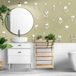 3D Flower Mirror Wall Sticker Floral Wall Stickers for Girls Bedroom Removable Silver Acrylic Mirror Wall Stickers Peel and Stick Wall Decals Art Mural for Living Room Bathroom Classroom Decor