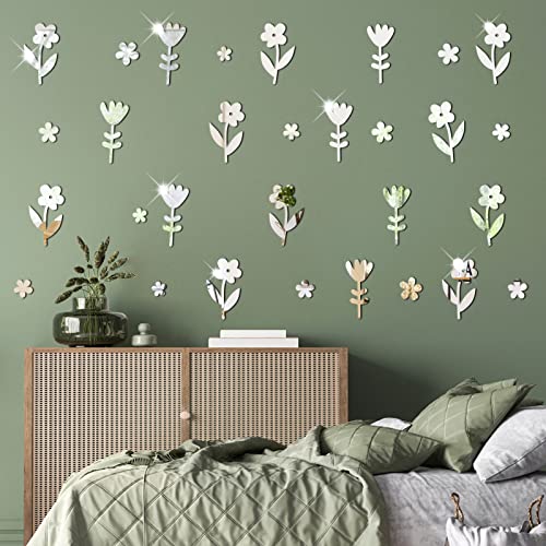 3D Flower Mirror Wall Sticker Floral Wall Stickers for Girls Bedroom Removable Silver Acrylic Mirror Wall Stickers Peel and Stick Wall Decals Art Mural for Living Room Bathroom Classroom Decor