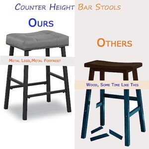 Counter Height Bar Stools Set of 2, 24 Inch Kitchen Bar Stools with Backless, Saddle Upholstered Seat Padding Stools for Kitchen Island,Breakfast, Bar, Dining Room, Grey-Black, Metal KR302PDG