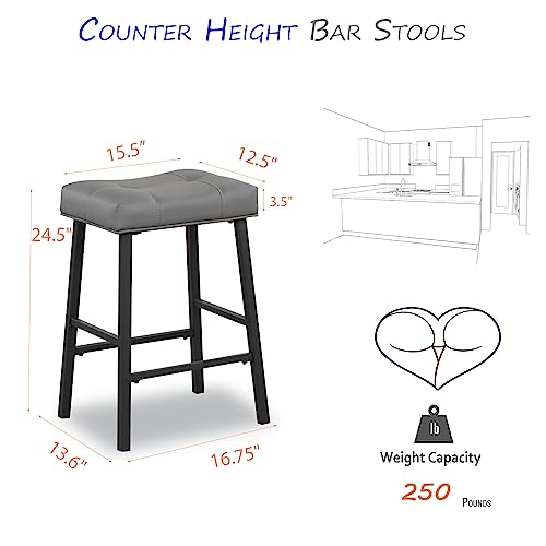 Counter Height Bar Stools Set of 2, 24 Inch Kitchen Bar Stools with Backless, Saddle Upholstered Seat Padding Stools for Kitchen Island,Breakfast, Bar, Dining Room, Grey-Black, Metal KR302PDG