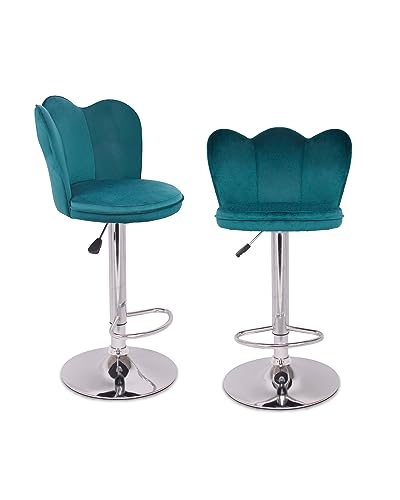 KR EVERKIND Velvet Bar stools, Classic Trident Design Swivel Barstools with Low Back & Footrest, Modern Counter Height Adjustable Bar Chair for Kitchen Island, Blue Set of 2