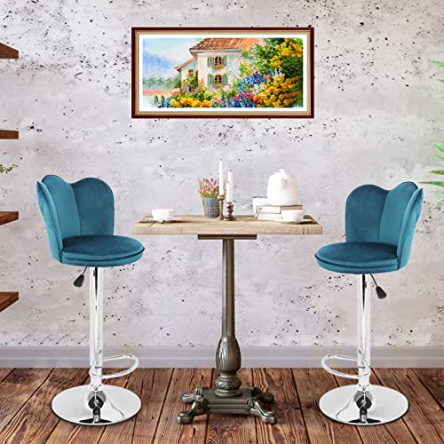 KR EVERKIND Velvet Bar stools, Classic Trident Design Swivel Barstools with Low Back & Footrest, Modern Counter Height Adjustable Bar Chair for Kitchen Island, Blue Set of 2