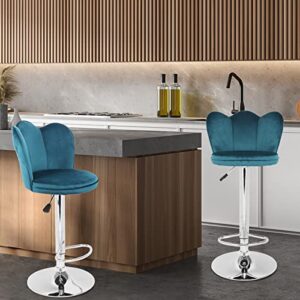 KR EVERKIND Velvet Bar stools, Classic Trident Design Swivel Barstools with Low Back & Footrest, Modern Counter Height Adjustable Bar Chair for Kitchen Island, Blue Set of 2