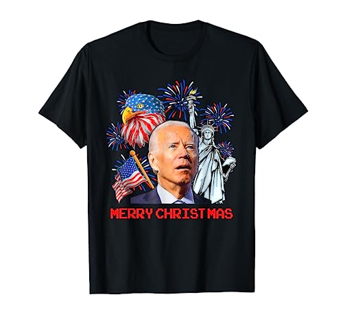 Funny Joe Biden Merry Christmas In July USA Flag 4th Of July T-Shirt