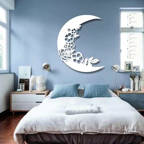 Metal Moon Wall Art Decor, Moon Flower Metal Wall Decor, The Moon Wall Art, Metal Wall Art, Metal Wall Decor, Half Moon And Flowers Décor, Kids Room Decoration, Living Room Entryway Wall Hangings (Silver, 15"W x 18"H / 38x45cm)