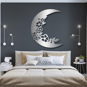 Metal Moon Wall Art Decor, Moon Flower Metal Wall Decor, The Moon Wall Art, Metal Wall Art, Metal Wall Decor, Half Moon And Flowers Décor, Kids Room Decoration, Living Room Entryway Wall Hangings (Silver, 15"W x 18"H / 38x45cm)