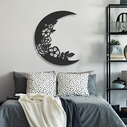 Metal Moon Wall Art Decor, Moon Flower Metal Wall Decor, The Moon Wall Art, Metal Wall Art, Metal Wall Decor, Half Moon And Flowers Décor, Kids Room Decoration, Living Room Entryway Wall Hangings (Silver, 15"W x 18"H / 38x45cm)