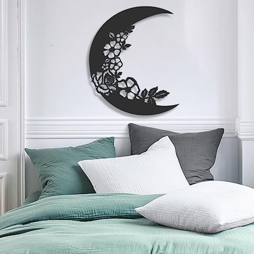 Metal Moon Wall Art Decor, Moon Flower Metal Wall Decor, The Moon Wall Art, Metal Wall Art, Metal Wall Decor, Half Moon And Flowers Décor, Kids Room Decoration, Living Room Entryway Wall Hangings (Silver, 15"W x 18"H / 38x45cm)