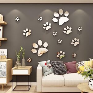 pet paw print wall decals - silver mirror acrylic cat and dog footprint stickers for home decor, living room, bedroom, kids' room, pet stores, and veterinary clinics - pet lover gift