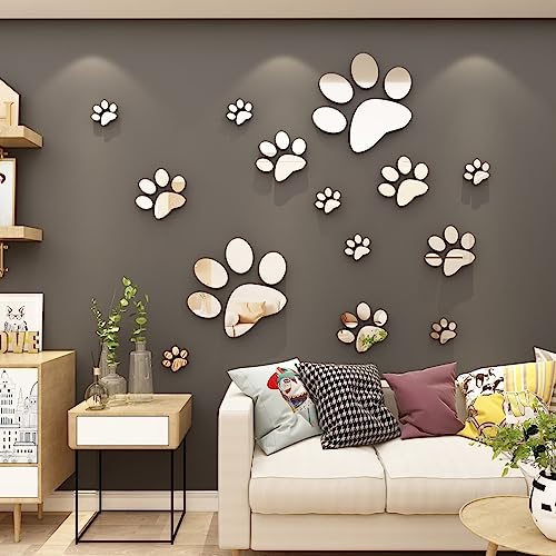 Pet Paw Print Wall Decals - Silver Mirror Acrylic Cat and Dog Footprint Stickers for Home Decor, Living Room, Bedroom, Kids' Room, Pet Stores, and Veterinary Clinics - Pet Lover Gift